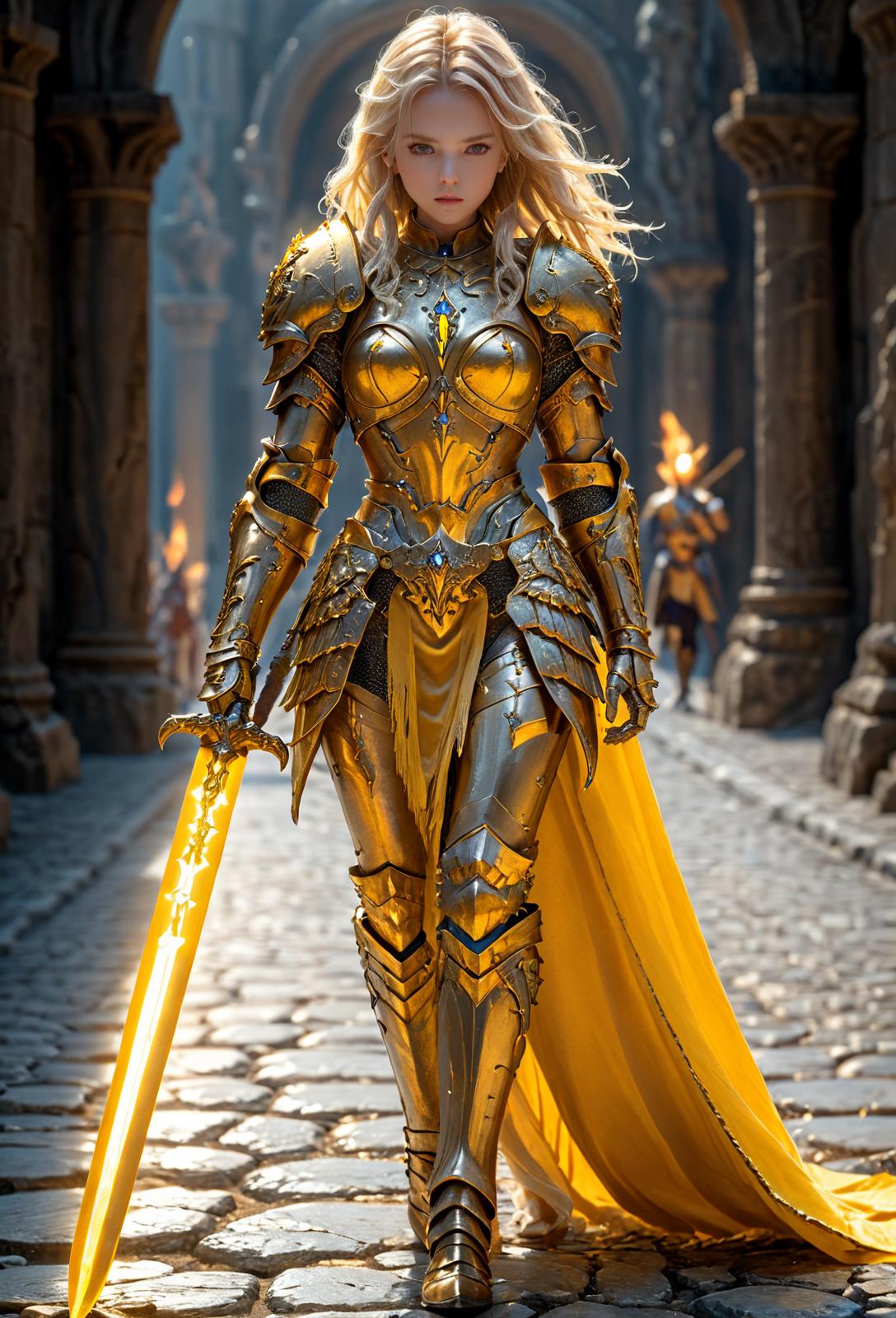 A woman in armor holding a sword and standing on a cobblestone - SeaArt AI