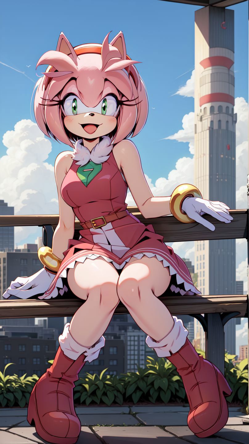 Sonic the hedge girl sitting on a bench in front of a city skyline ...