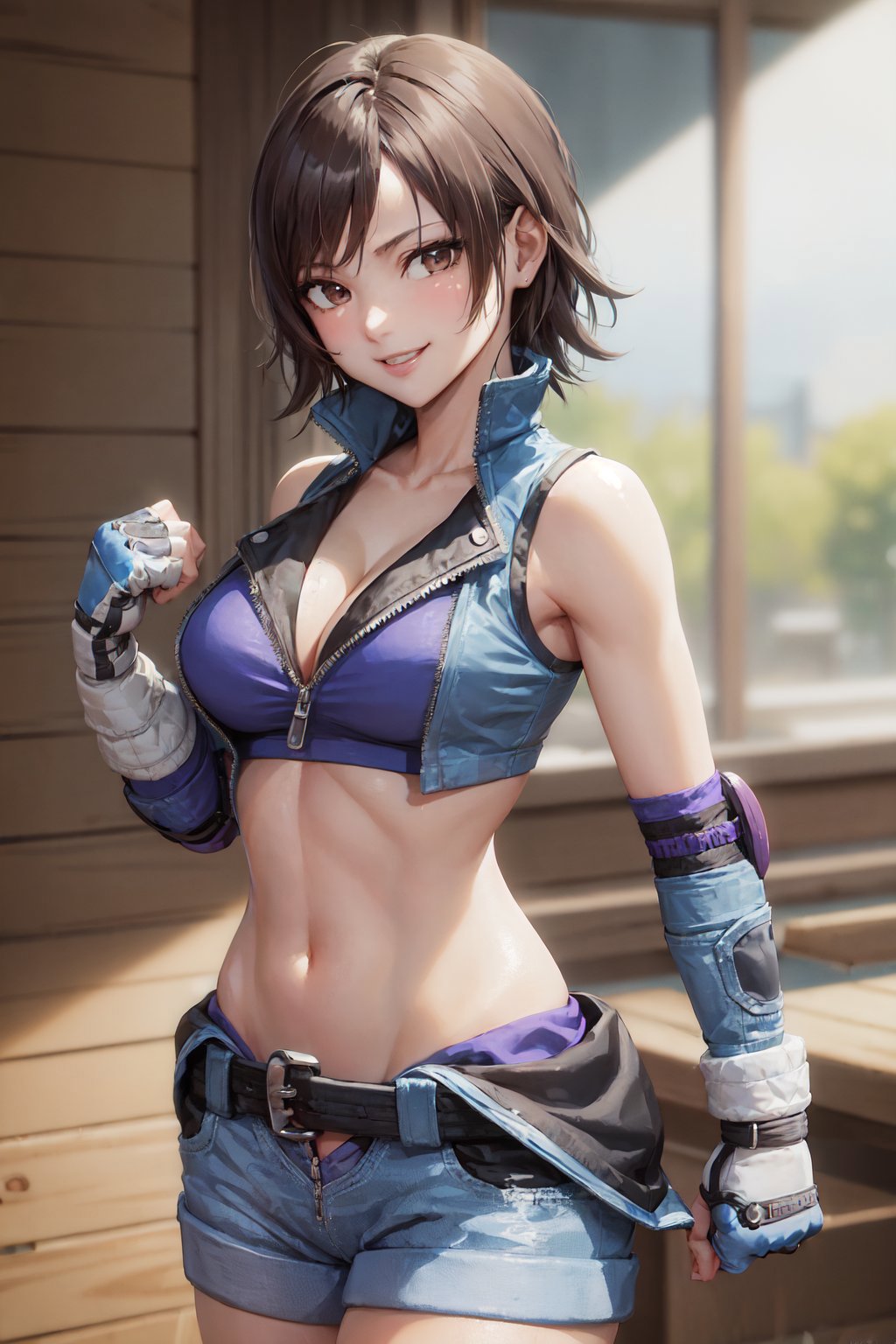 A woman in a blue top and shorts holding a bottle - SeaArt AI