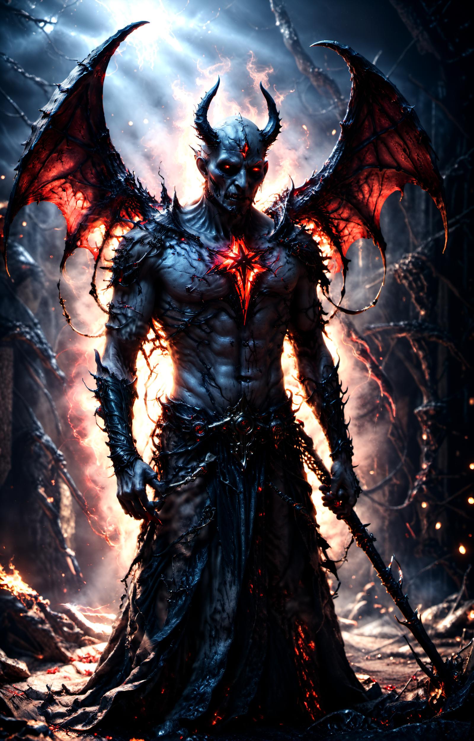 A demonic demon with a sword and fire in his hands - SeaArt AI