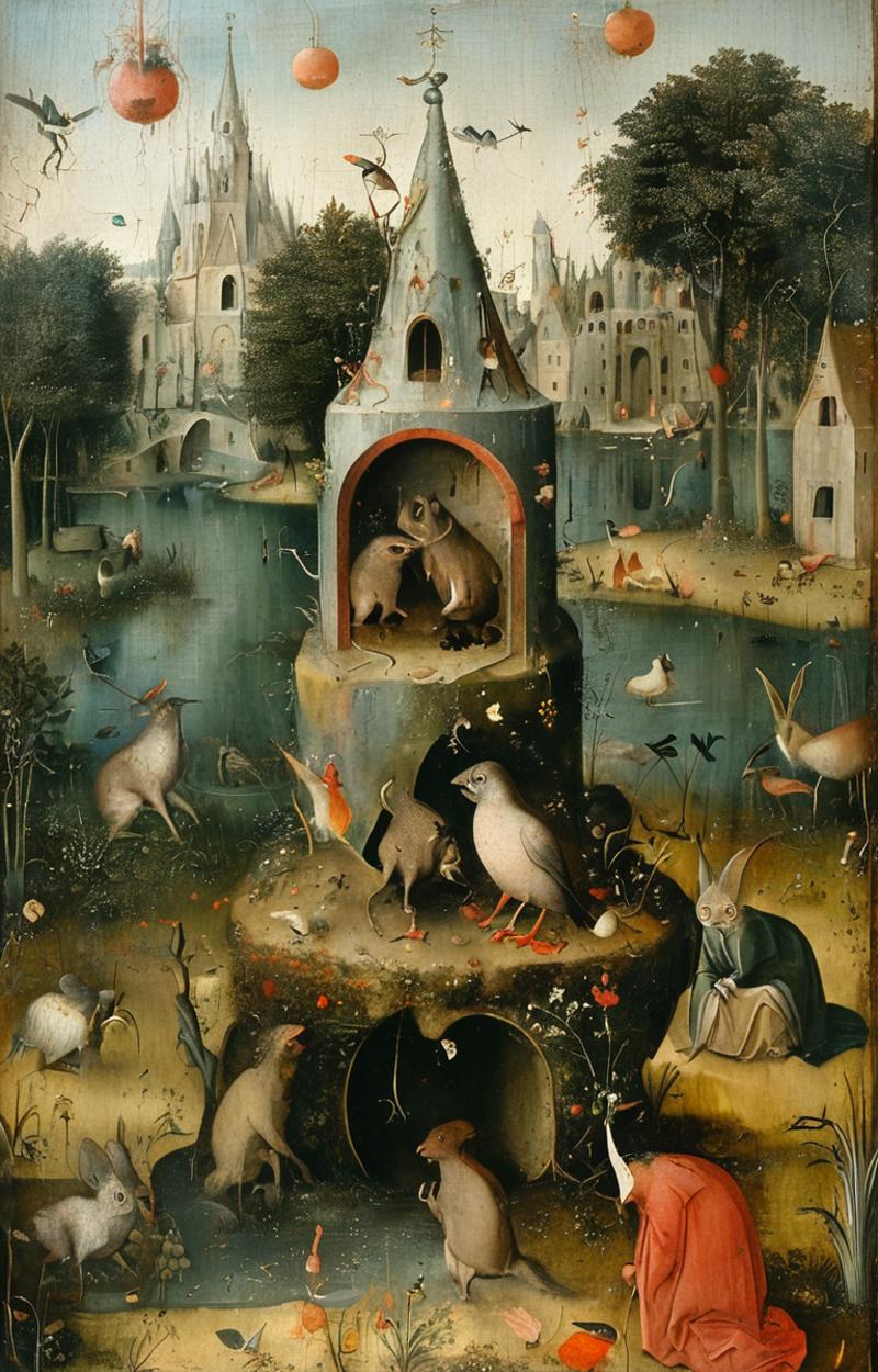 A painting of a painting of animals in a landscape with a castle ...