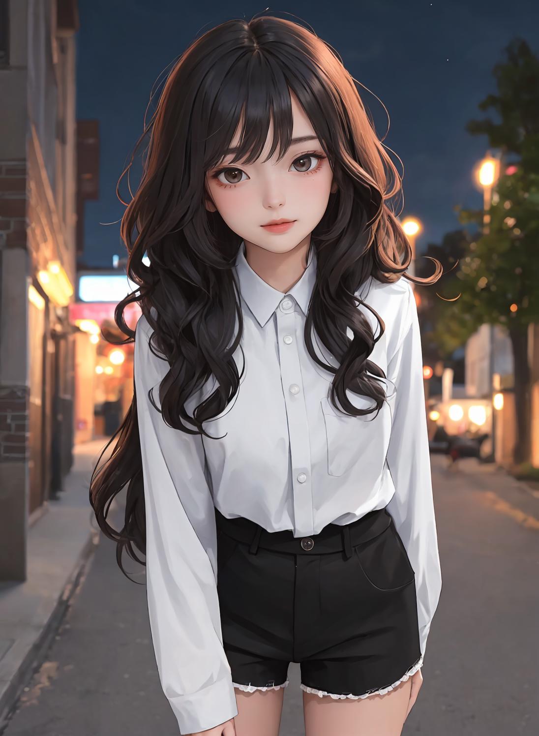 A woman in a white shirt and black shorts standing on a street - SeaArt AI