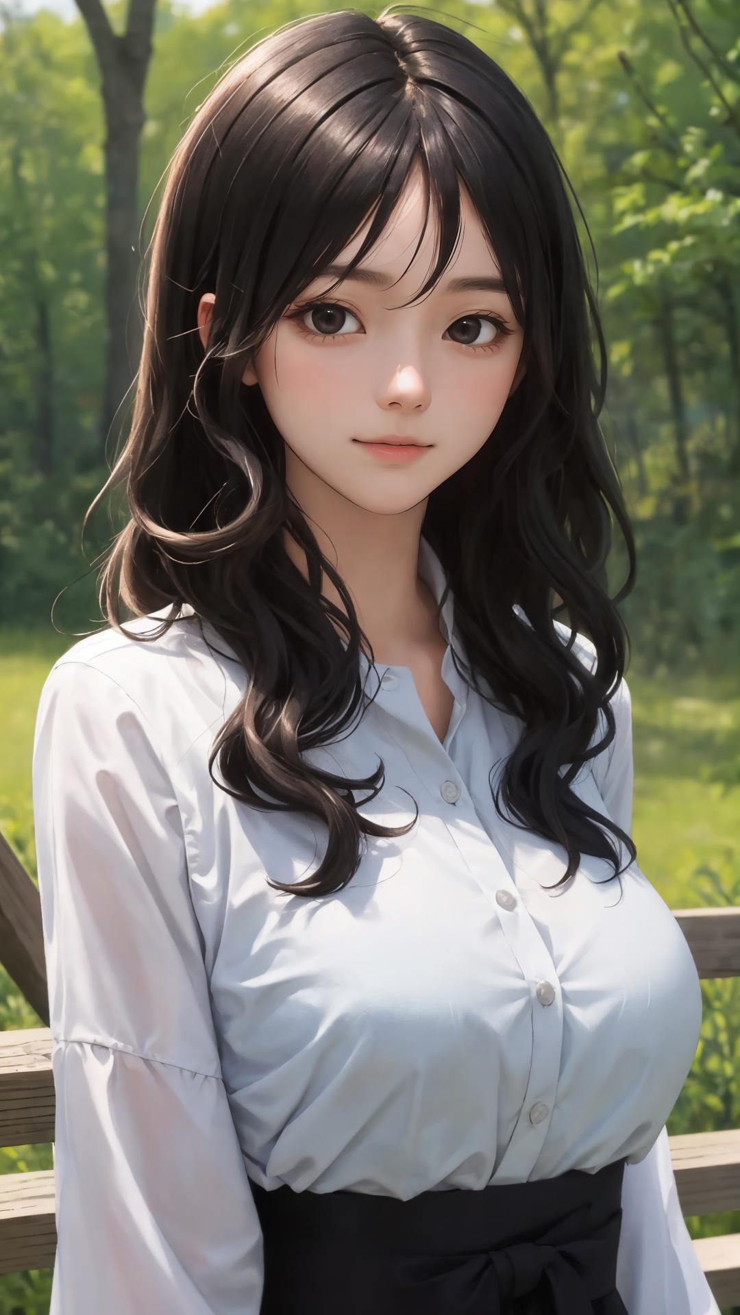 A woman with long black hair and a white shirt is posing for a picture - SeaArt AI