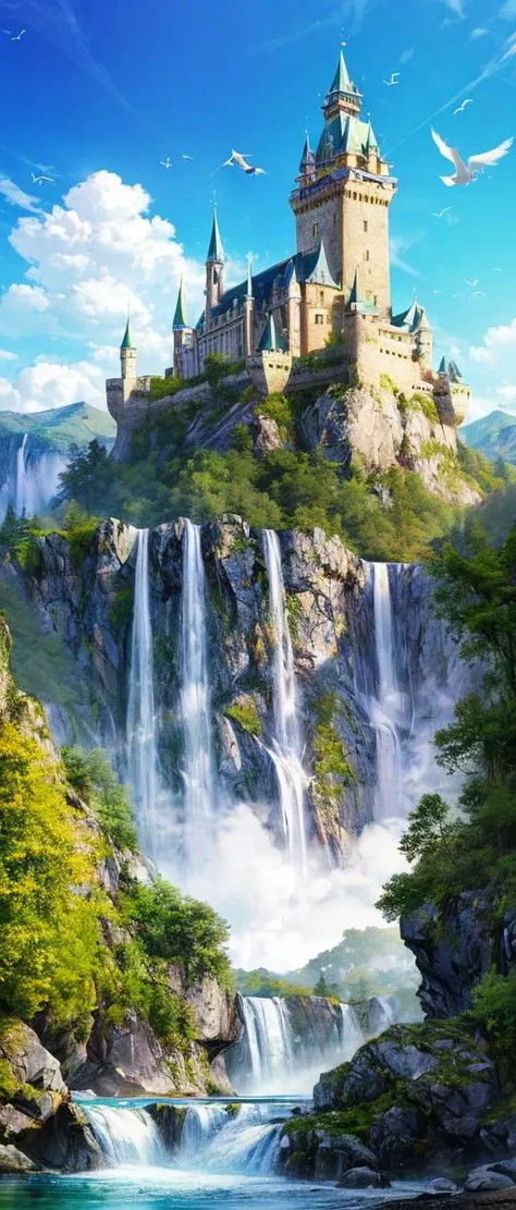A castle on a mountain with a waterfall and birds flying around - SeaArt AI