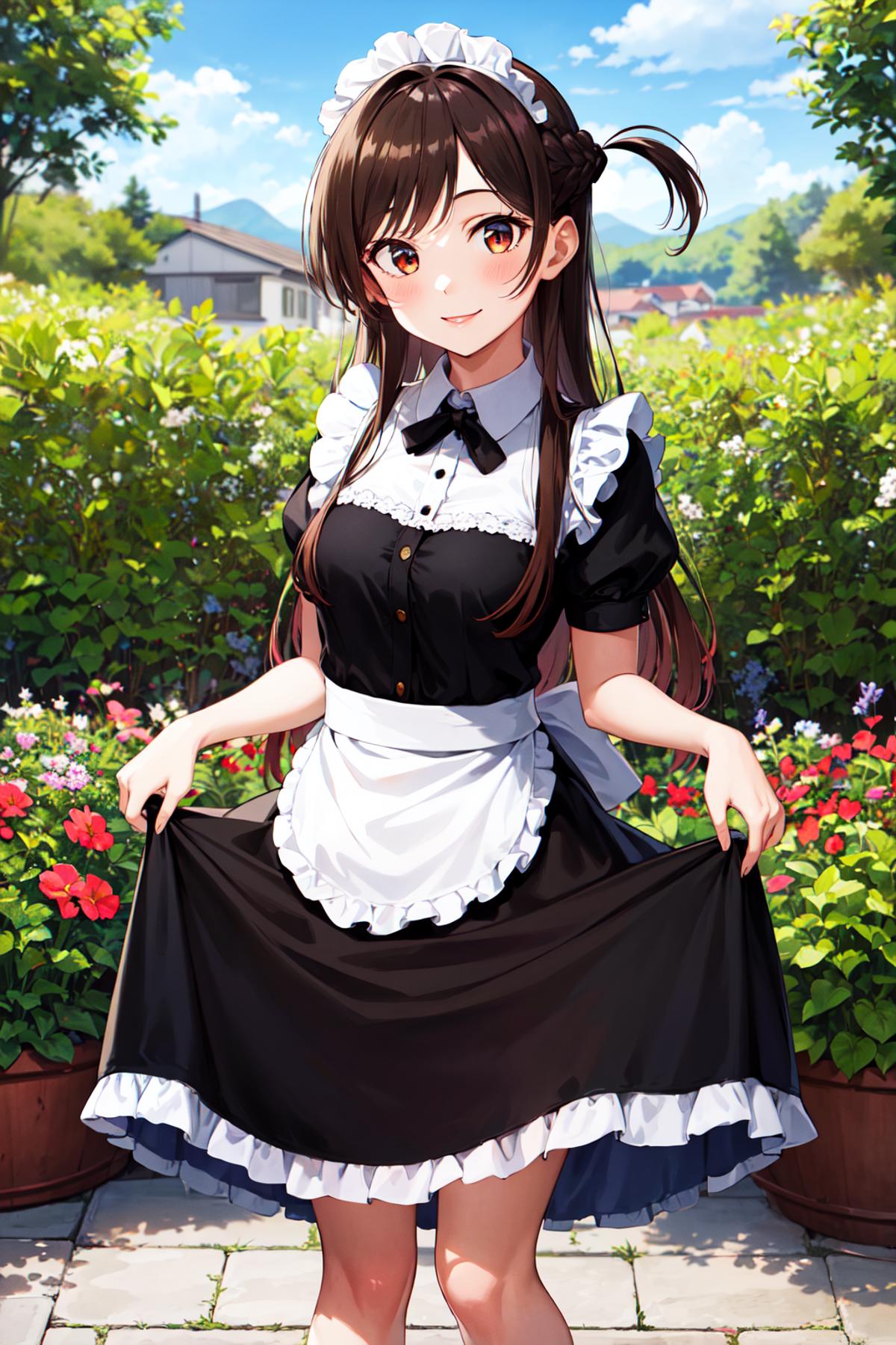 A woman in a maid outfit standing in front of a garden - SeaArt AI