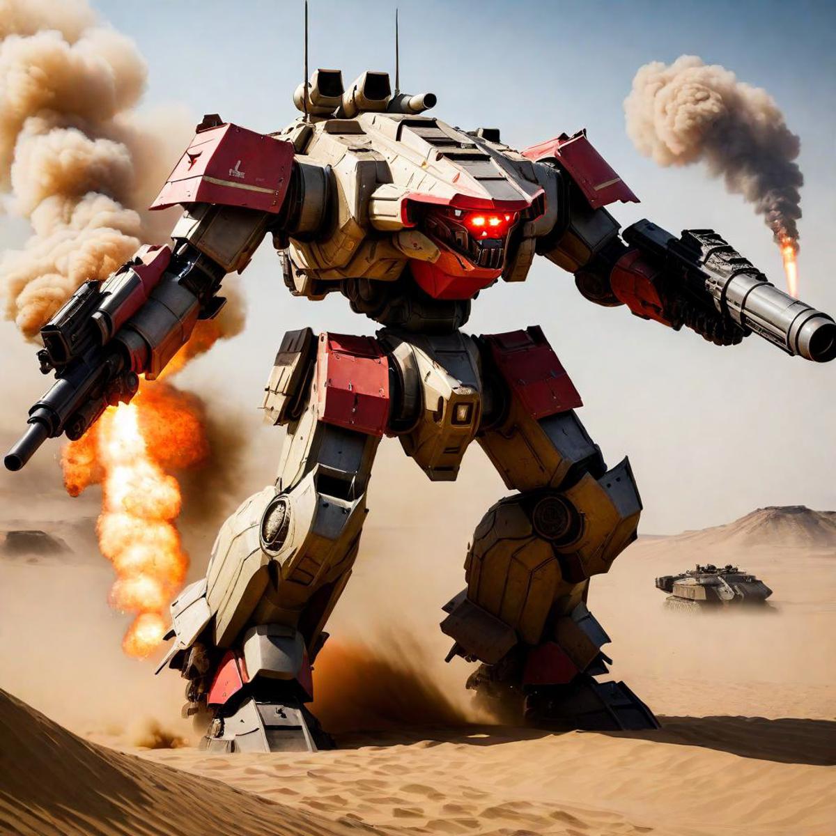 A close up of a robot with a gun in a desert - SeaArt AI