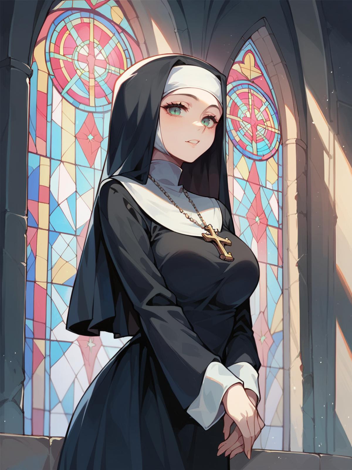 A close up of a woman in a nun outfit standing in front of a stained ...