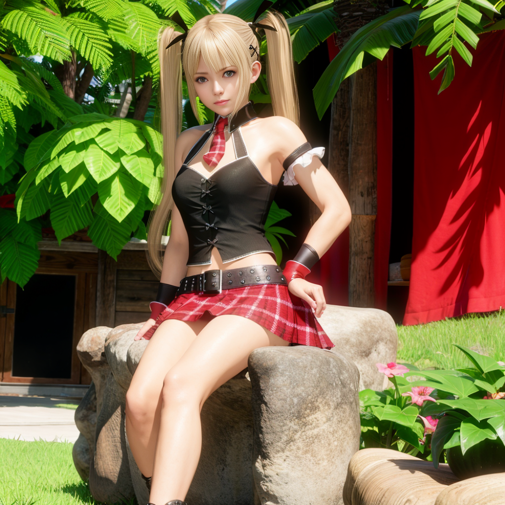 Blond haired girl in a black top and red plaid skirt sitting on a rock - SeaArt AI
