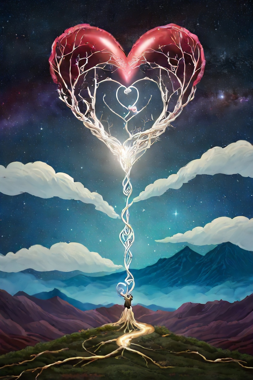 A painting of a heart shaped tree with a man standing on a hill - SeaArt AI