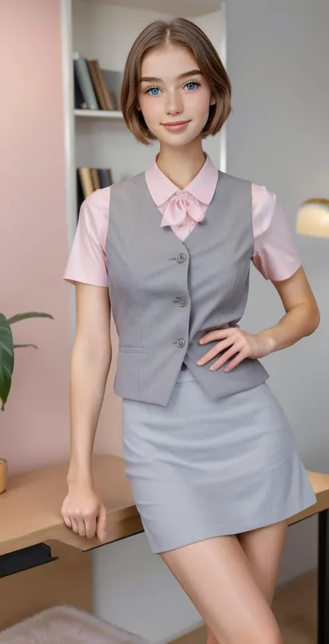 A woman in a gray dress and pink shirt posing for a picture - SeaArt AI