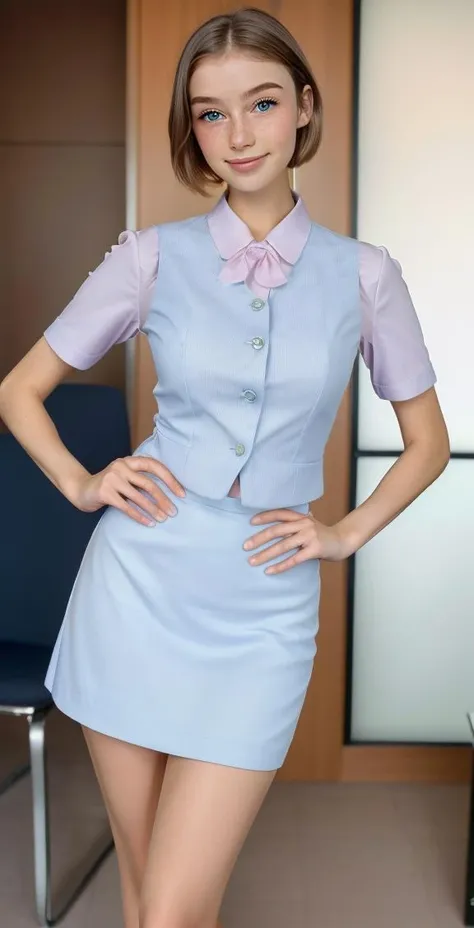 A woman in a blue dress and pink shirt posing for a picture - SeaArt AI