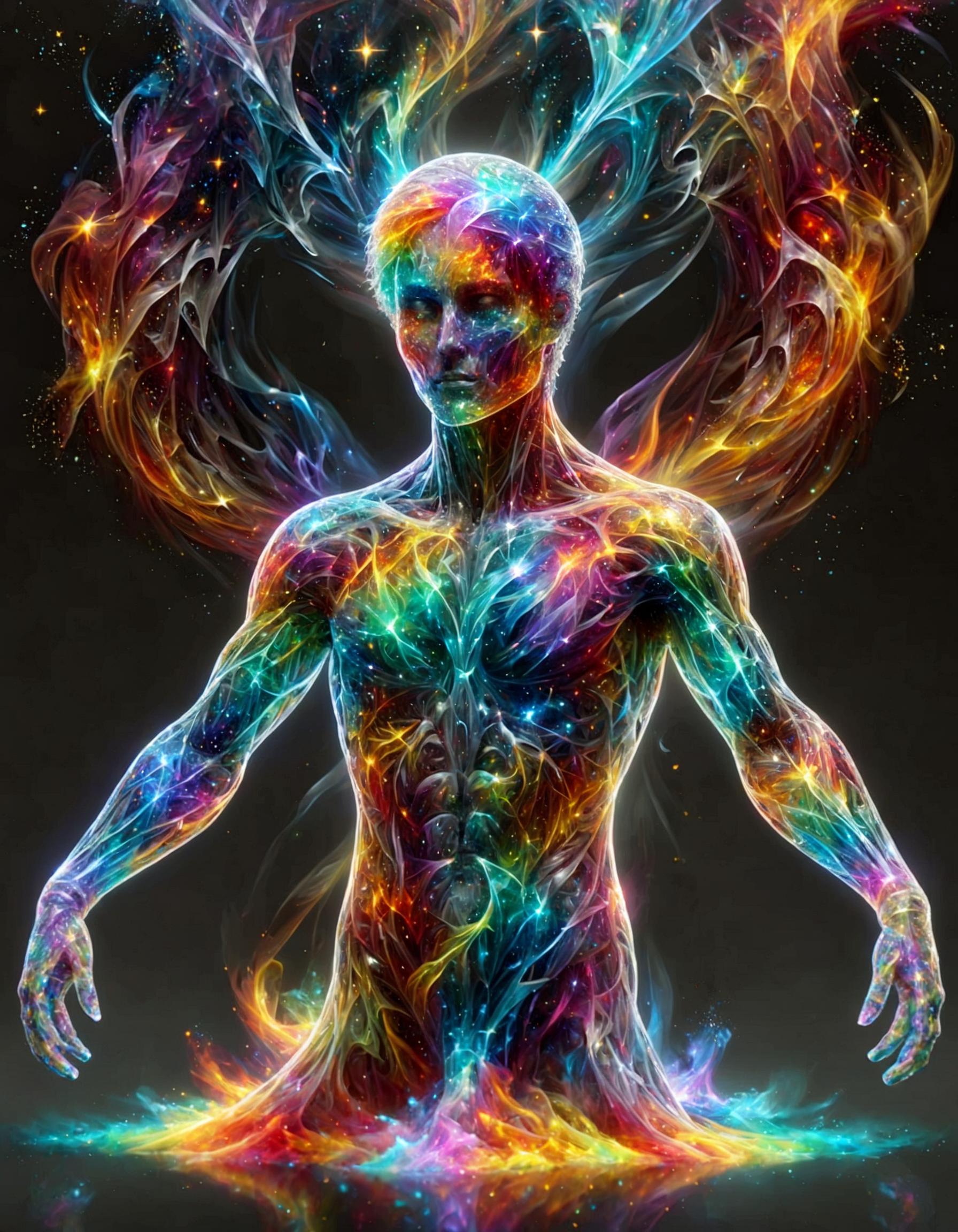 A man with a body full of colorful fire and water - SeaArt AI