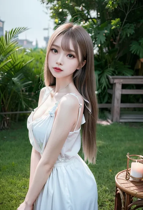 A close up of a woman in a white dress standing in a yard - SeaArt AI