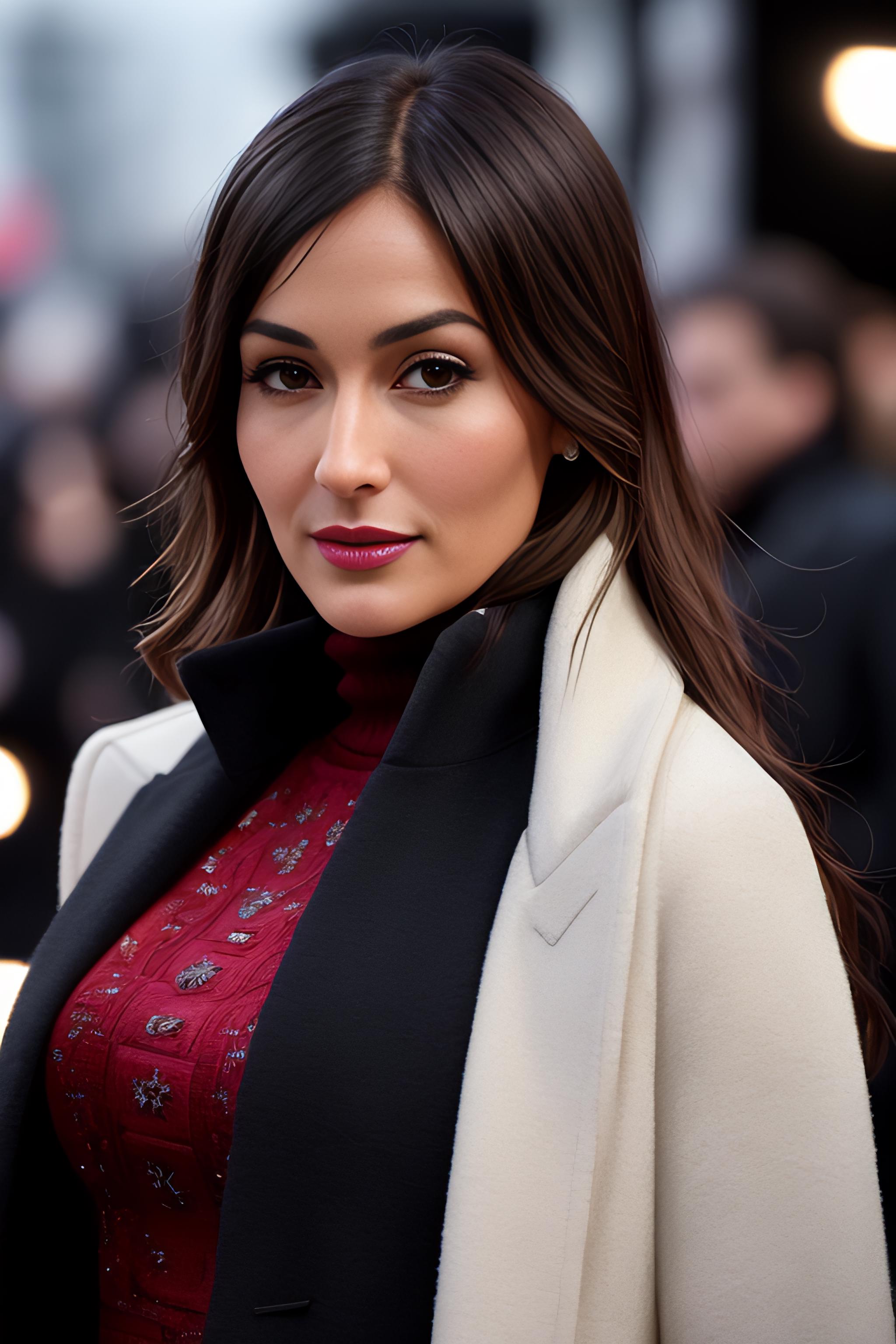 Araffe woman in a red dress and black coat posing for a picture - SeaArt AI