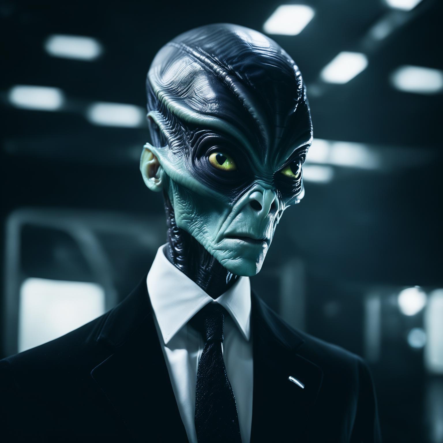 Alien man in suit and tie with glowing eyes in dark room - SeaArt AI