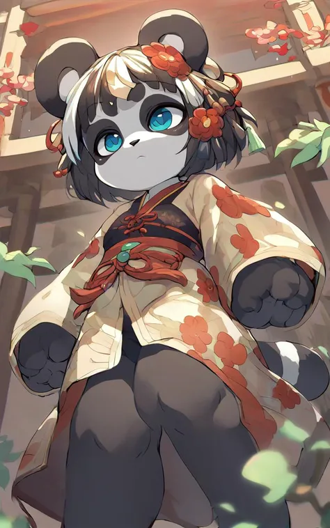 A cartoon panda bear with blue eyes and a kimono outfit - SeaArt AI