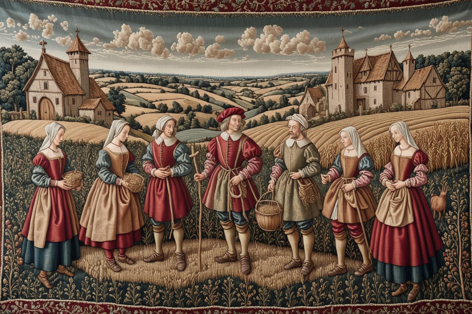 A close up of a tapestry with a painting of people in a field - SeaArt AI