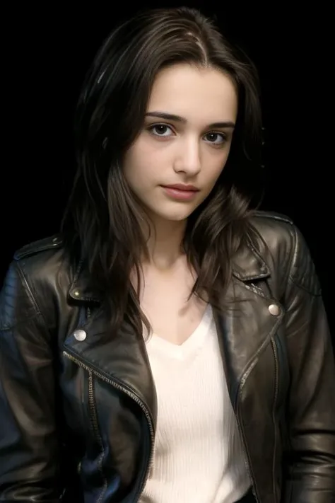 A close up of a woman in a leather jacket posing for a picture - SeaArt AI