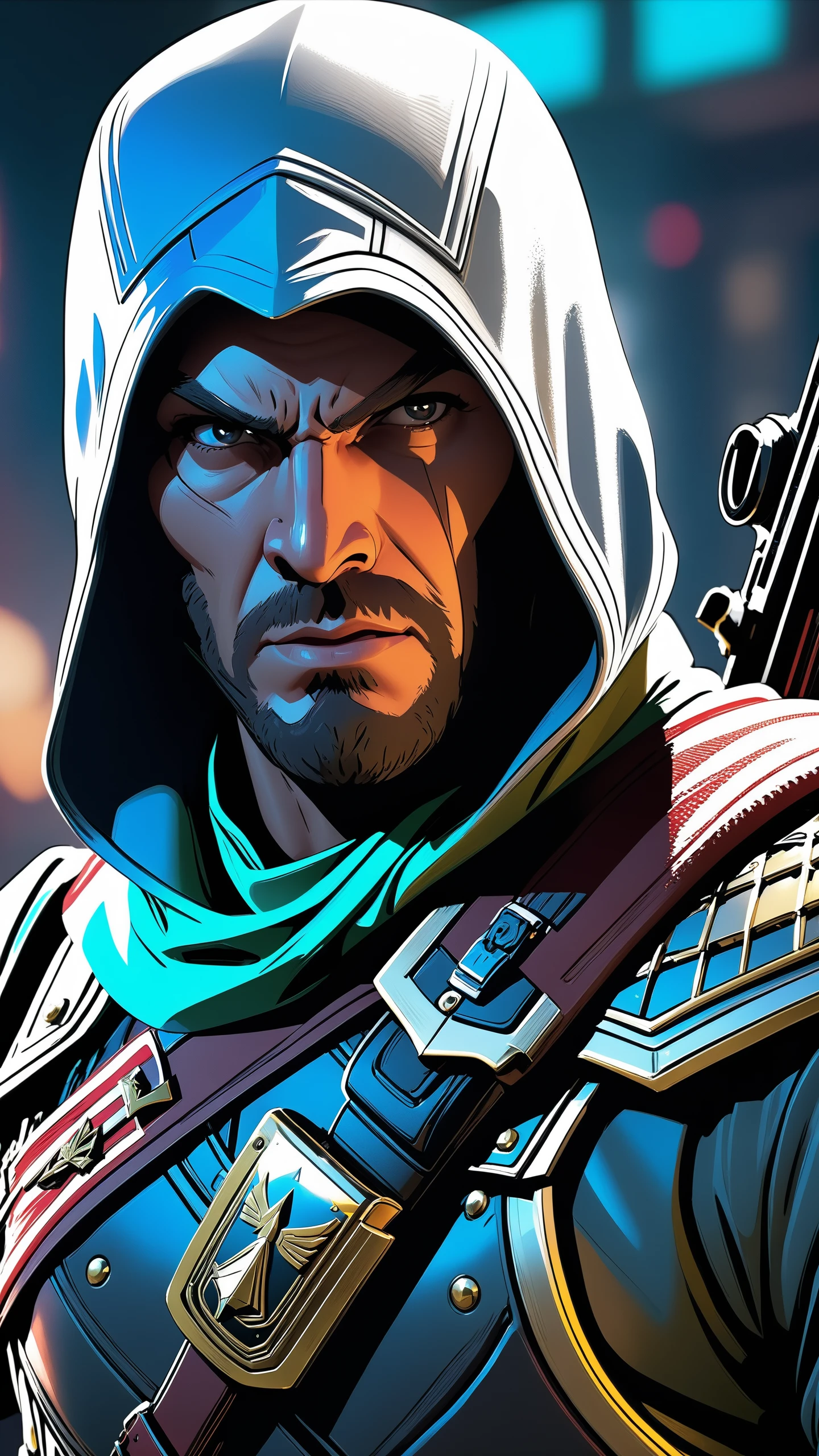 1 man holding a rifle, close up of upper body, detailed, angry face ...