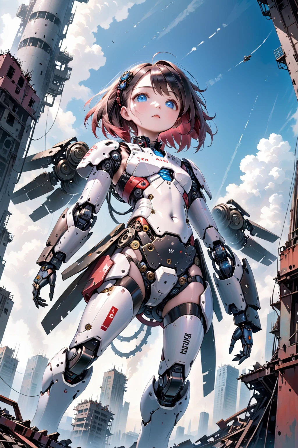 Mechanical android girl looking up the sky, apocalyptic, science ...