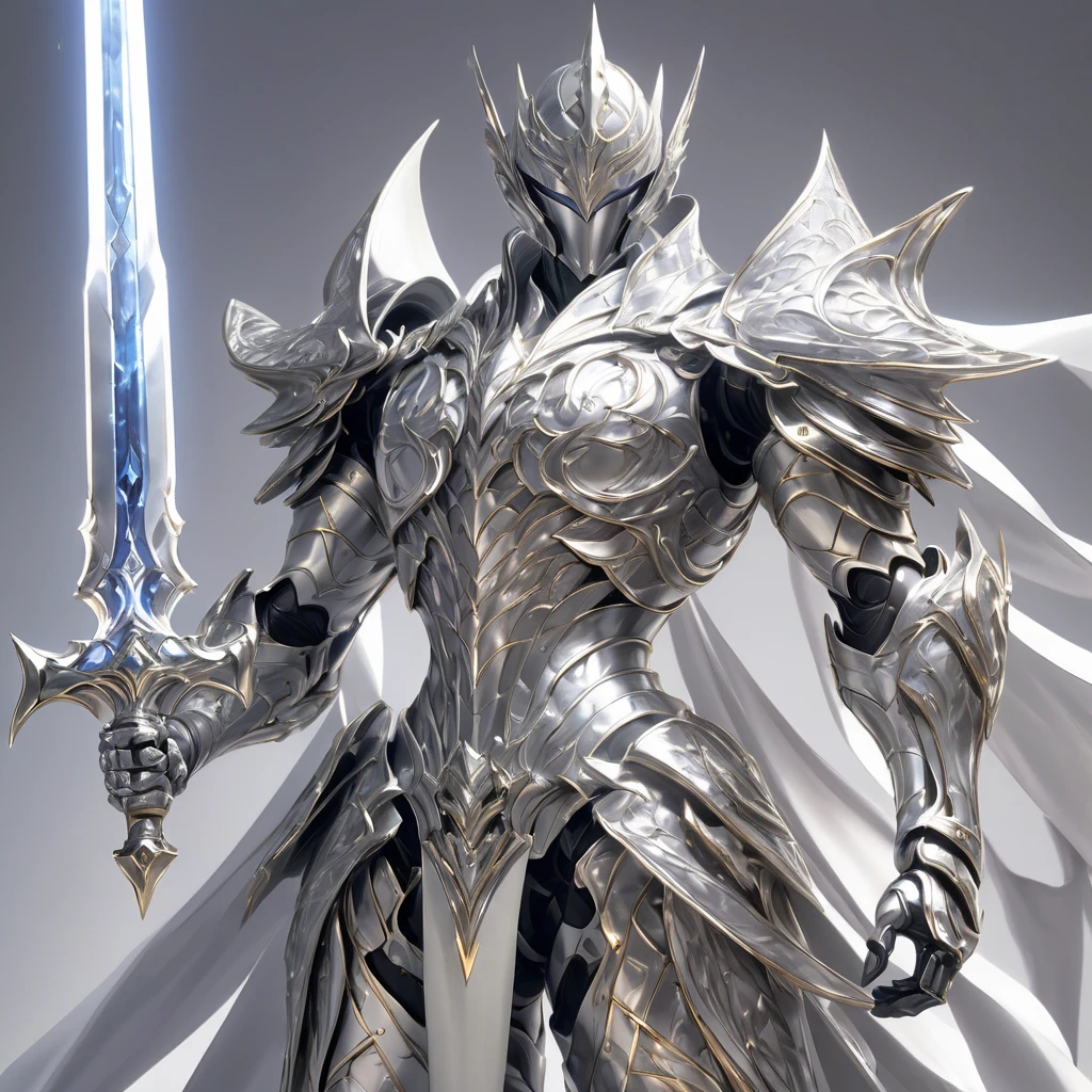 1man. male, solo, wearing silver armor, holding white weapon infront of ...