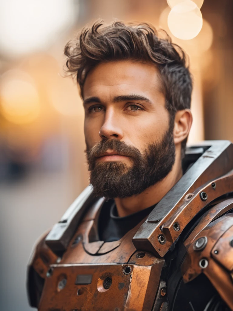 Portrait photo of muscular bearded guy in a worn mech suit, - SeaArt AI