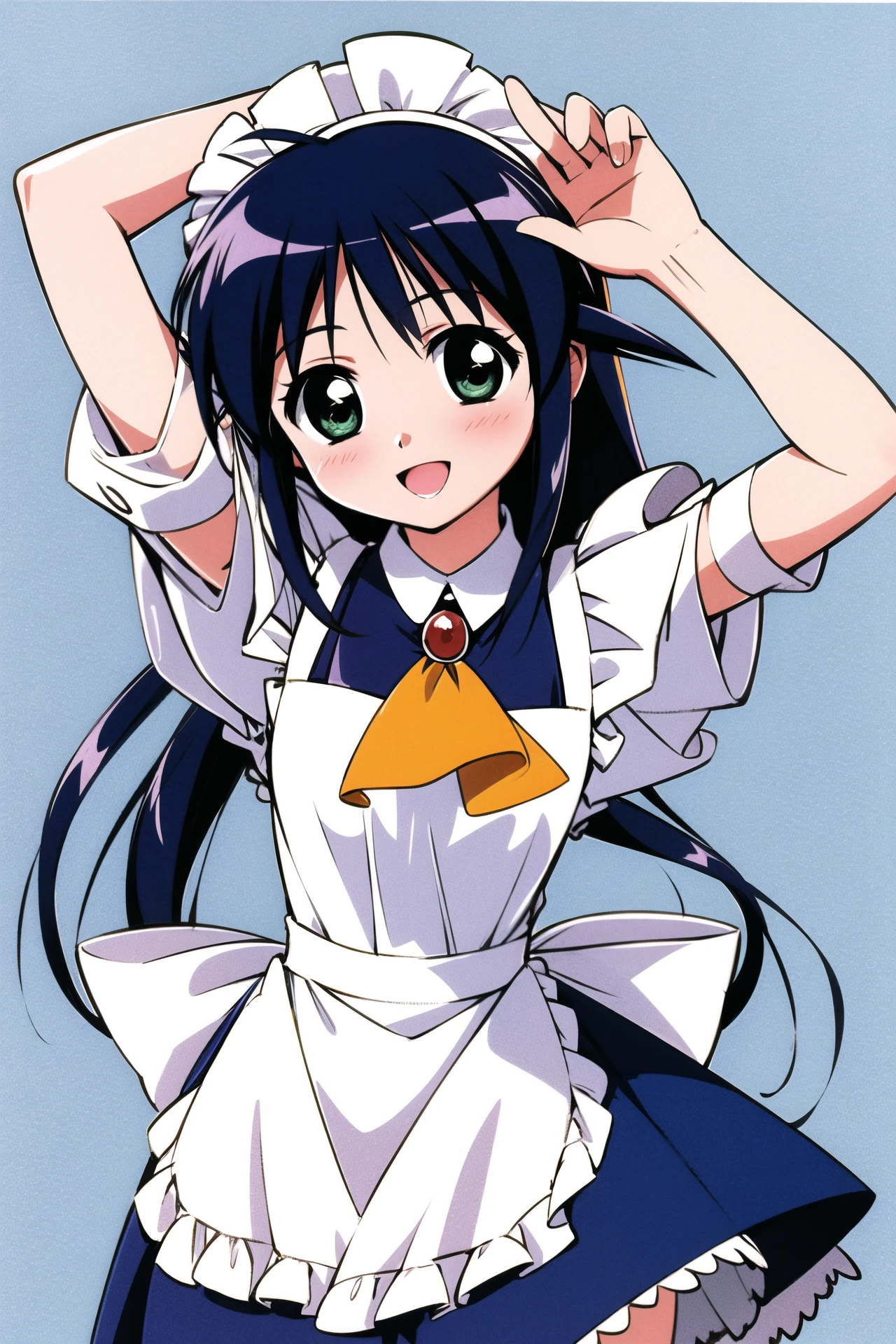 1girl, Ando Mahoro, solo, open mouth, green eyes, apron, long hair ...