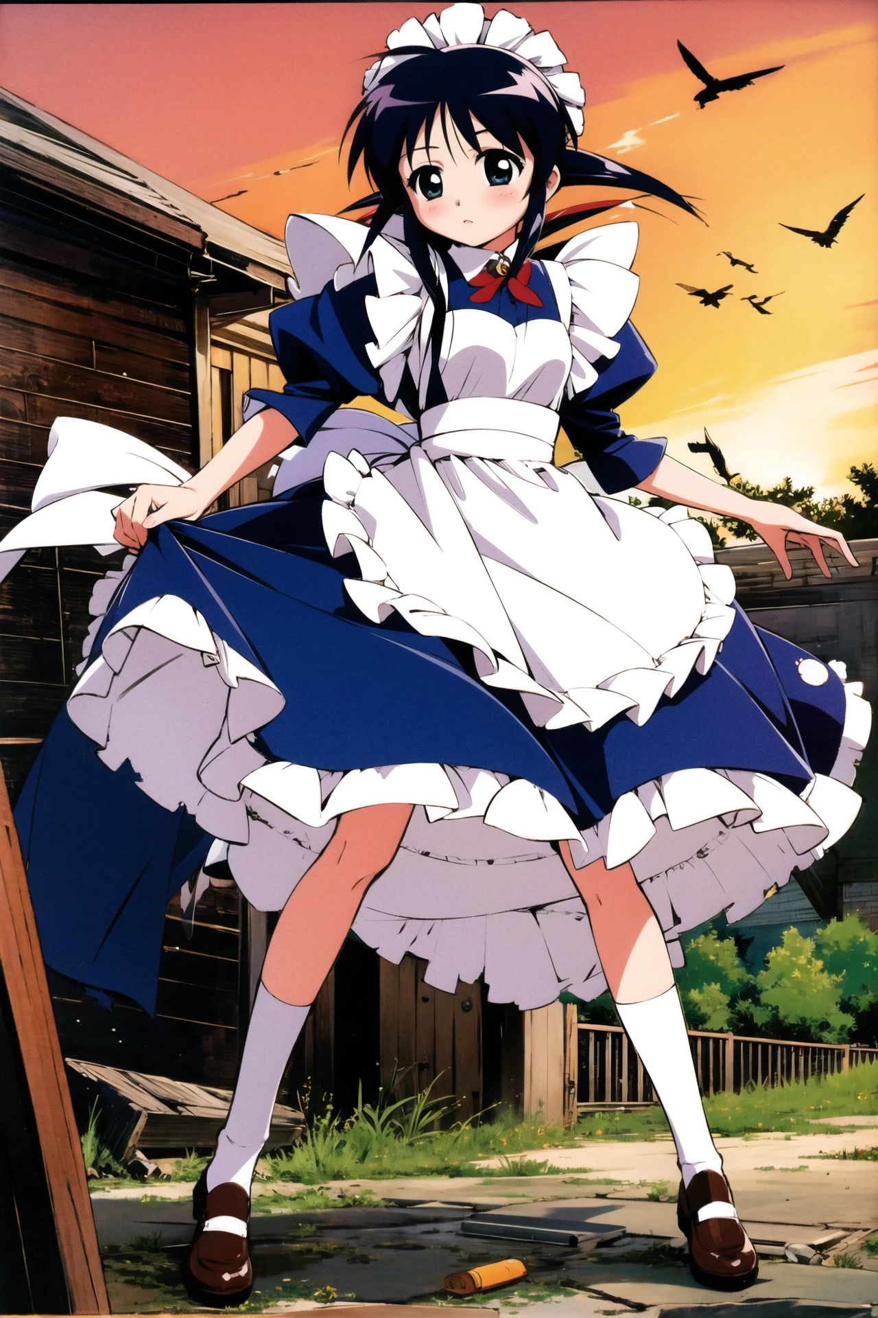 1girl, Ando Mahoro, torn clothes, solo, long hair, maid, ruins - SeaArt AI