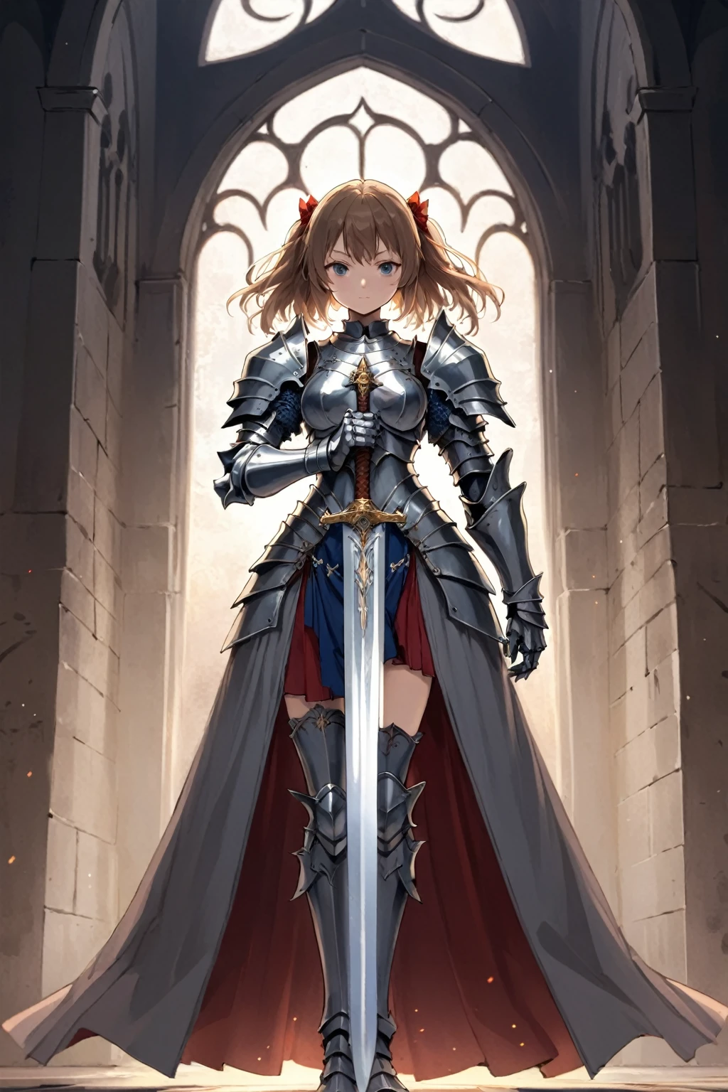Anime, 1girl, solo, standing, holding sword, holy knight, armor dress ...