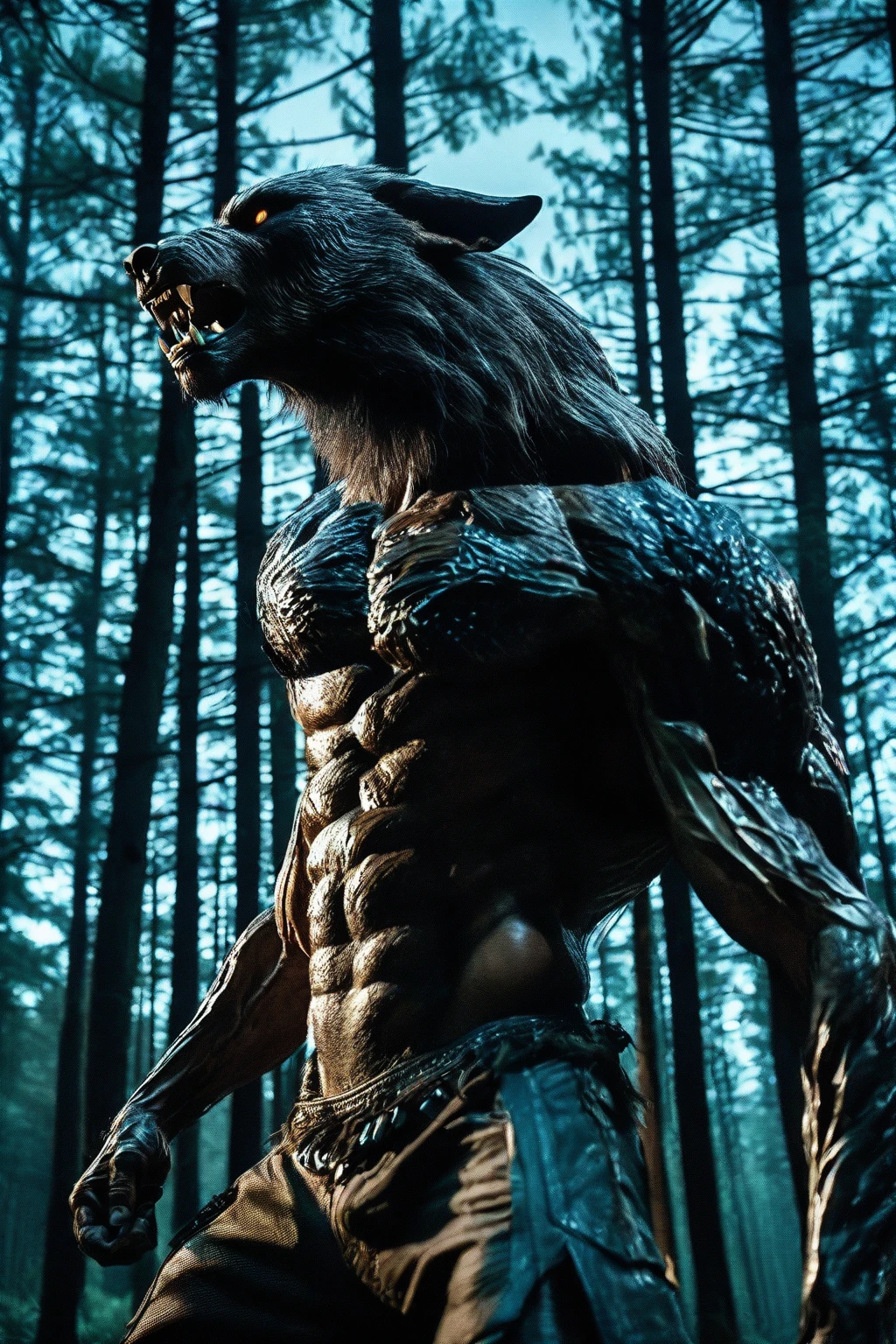 Cinematic photo, western fantasy, Transforming werewolf under the full ...