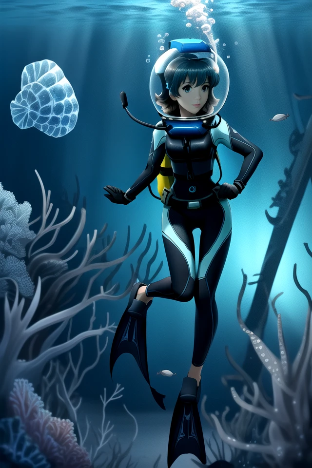 Pretty female scuba diver swimming underwater, ultra detailed - SeaArt AI