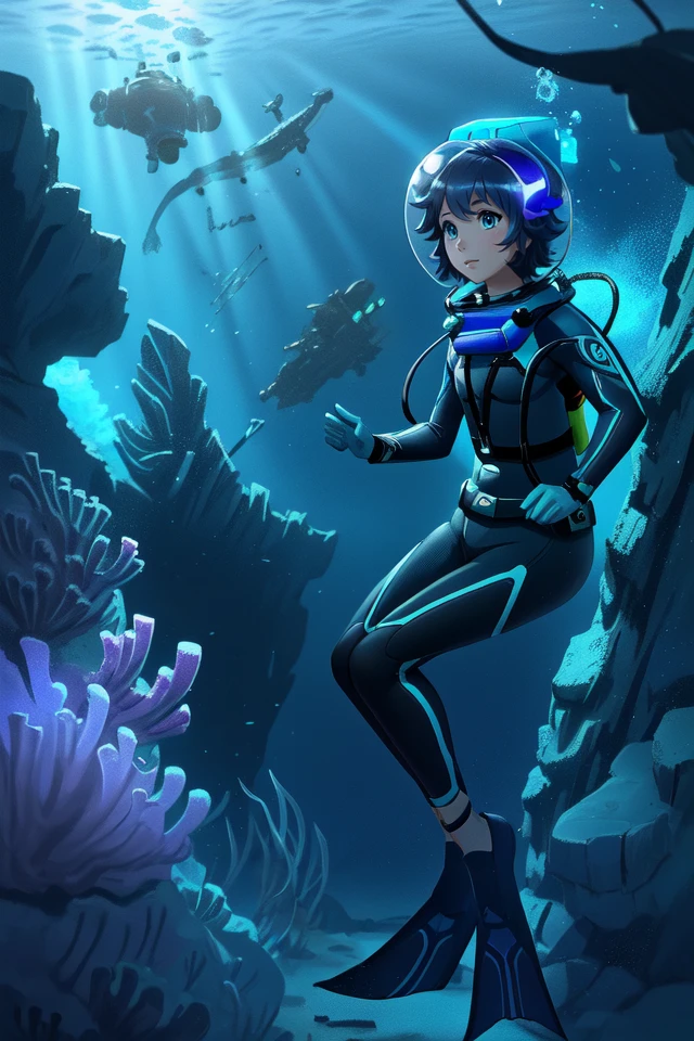 Pretty female scuba diver swimming underwater, ultra detailed - SeaArt AI