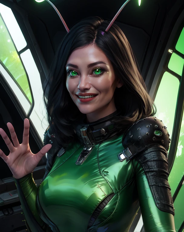 Mantis, black hair, green eyes, antennae, looking at viewer - SeaArt AI