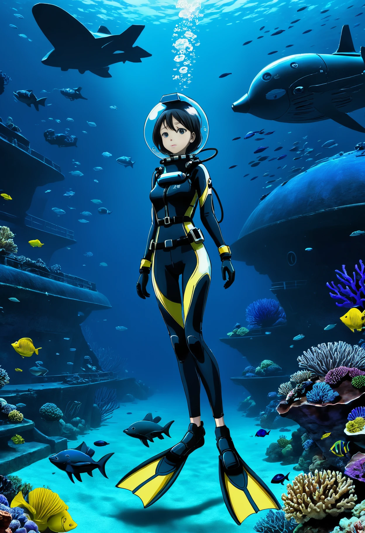 Pretty female scuba diver, exploring a spaceship ufo wreckage - SeaArt AI