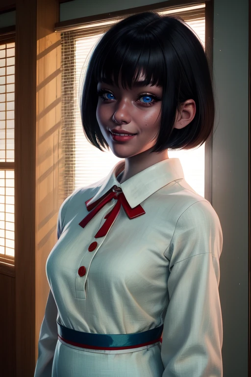 HanakoSan,blue eyes, bangs, short hair, white dress, red neck ribbon ...