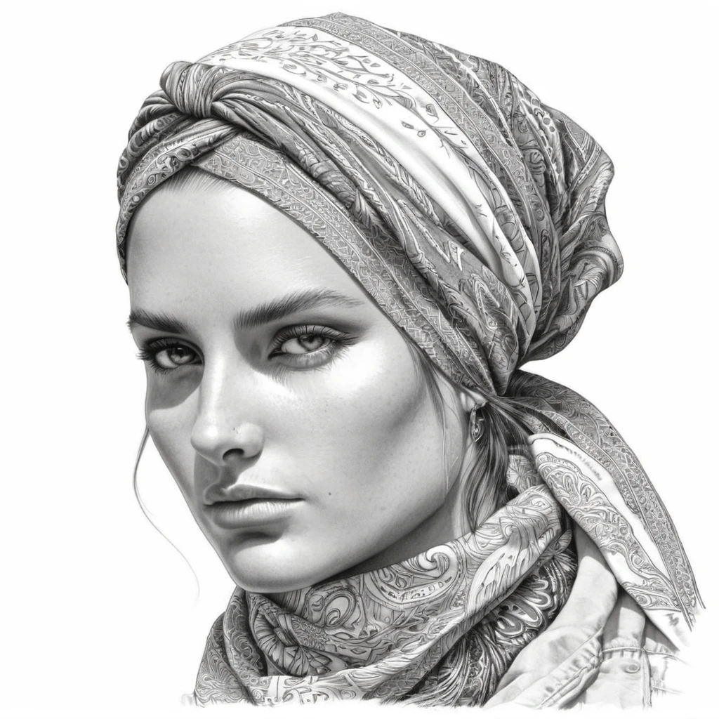 Pencil illustration of a beautiful woman wearing a bandana, highly ...