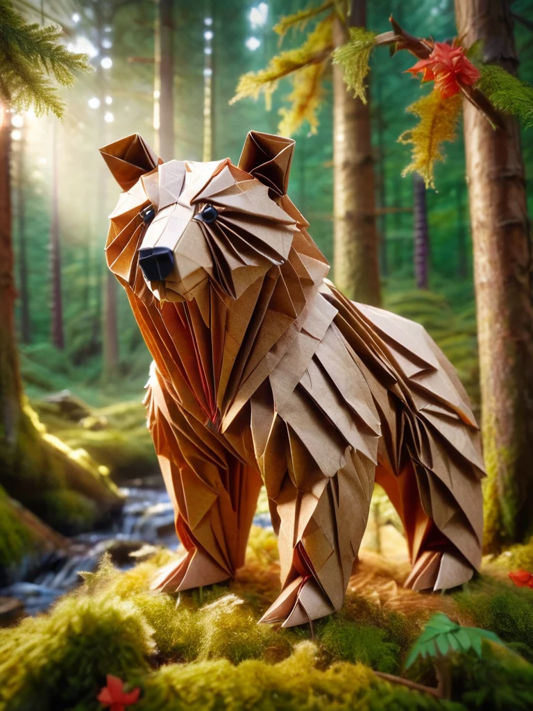Ral-orgmi, a bear made out of origami paper in a forest