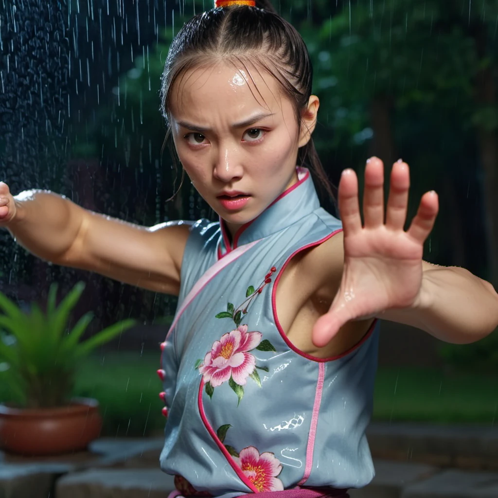 Closeup young warrior girl in a chinese dress sparring kung fu in a ...