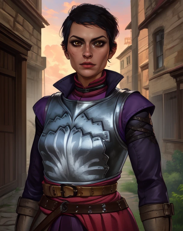 Cassandra,brown eyes,very short black hair, brown gauntlets,breastplate ...