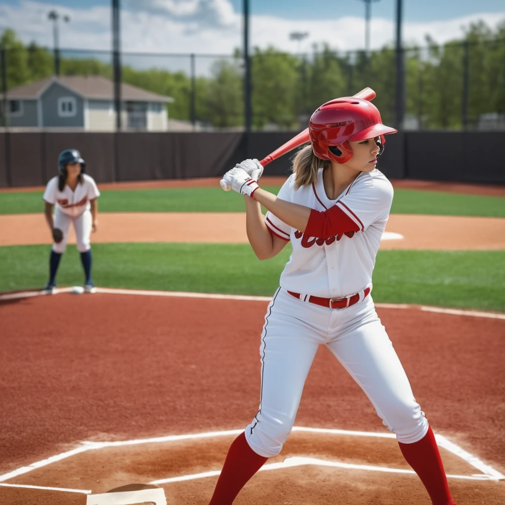(girl baseball player waiting hit the ball with a baseball bat at home ...
