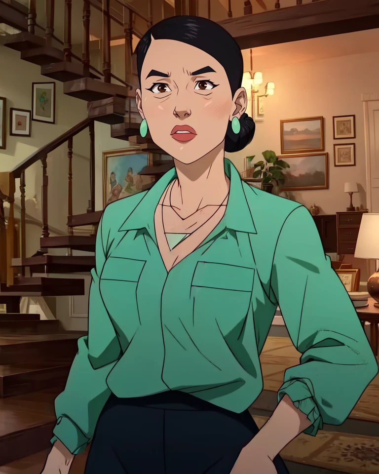 Debbie,brown eyes,hair bun, green shirt,pants,earrings, necklace ...