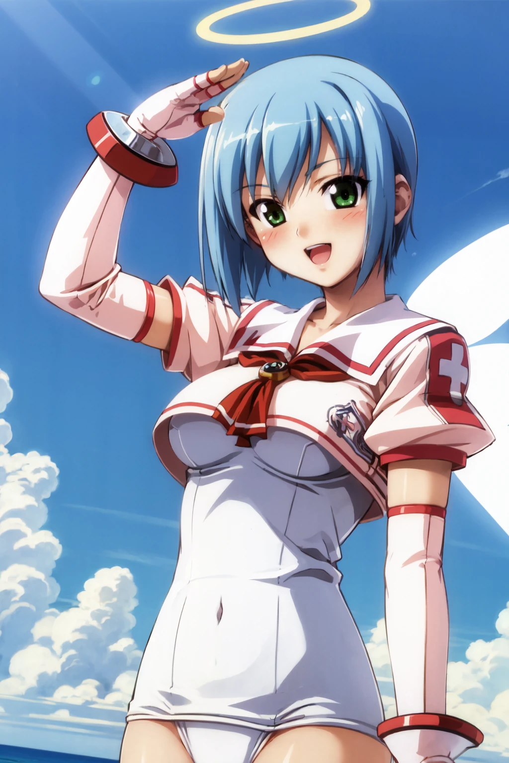 Makaidji, 1girl, solo, halo, blue hair, green eyes, glowing wings ...