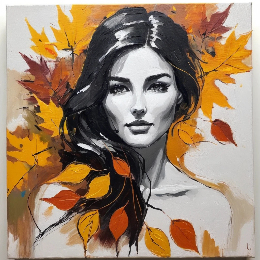 (Abstract) sketch of a woman in the fall season, oil on canvas - SeaArt AI