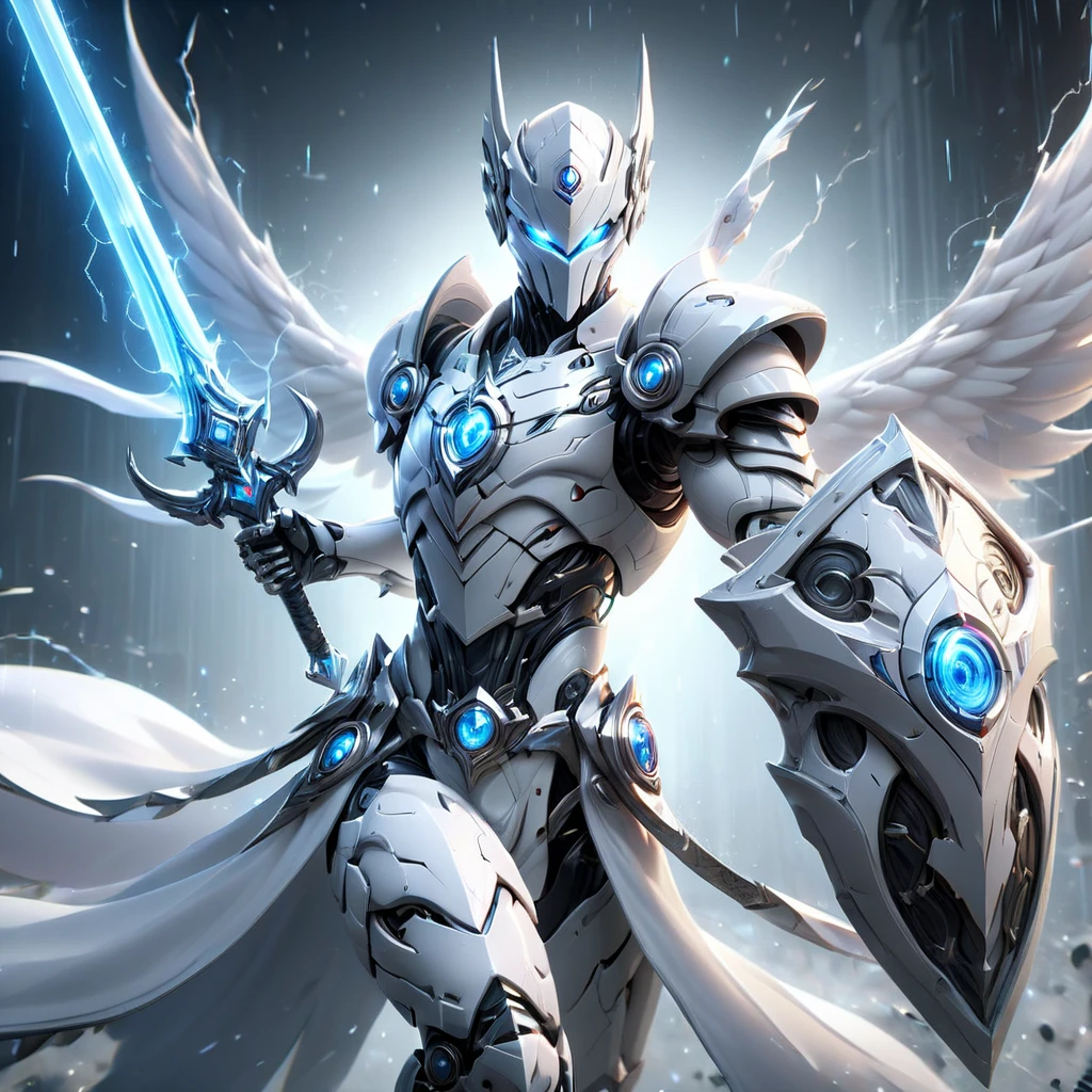 An action shot of a white futuristic robot, glowing eyes and core ...