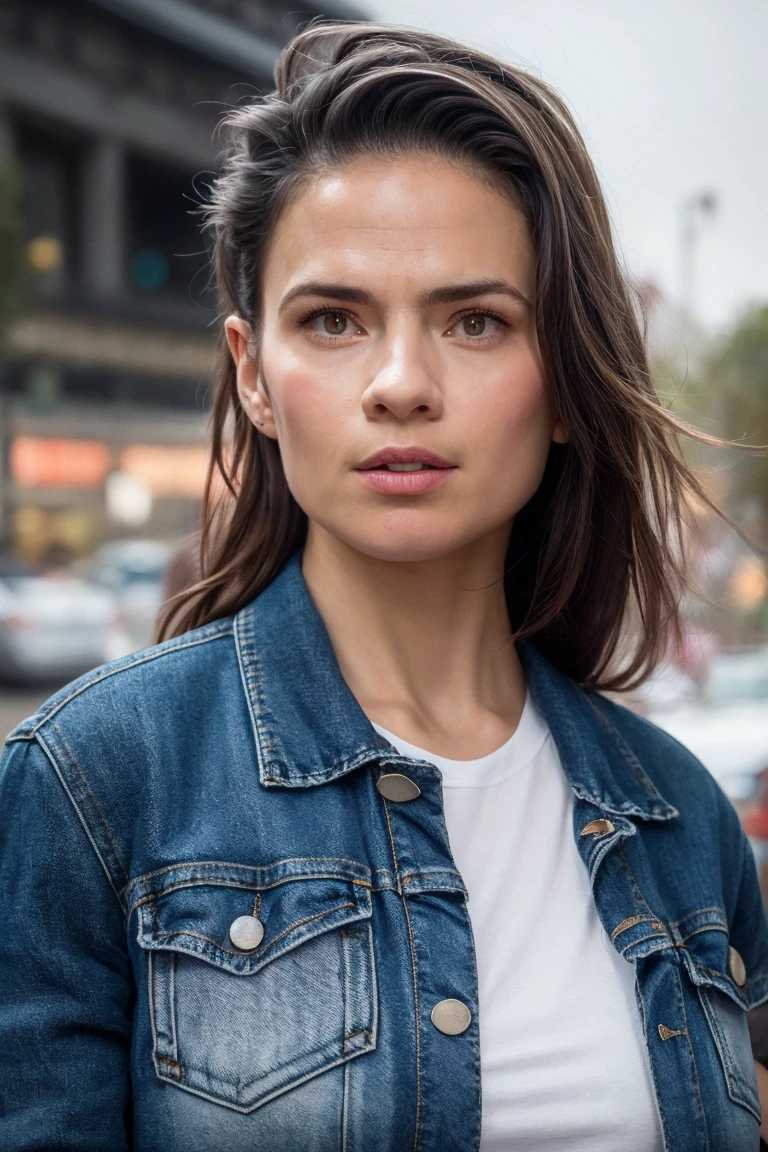 Face, woman, denim jacket, white tee, Seoul background, soft colors ...
