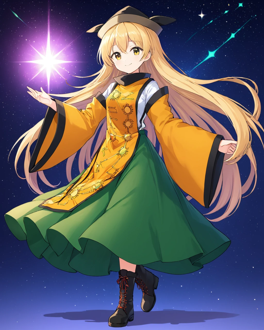 Matara okina,1girl, solo, hat, tabard, boots, wide_sleeves, green ...