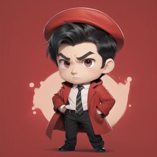 Chibi, 1boy, red eyes, male focus, solo, black hair, hat, necktie - SeaArt AI