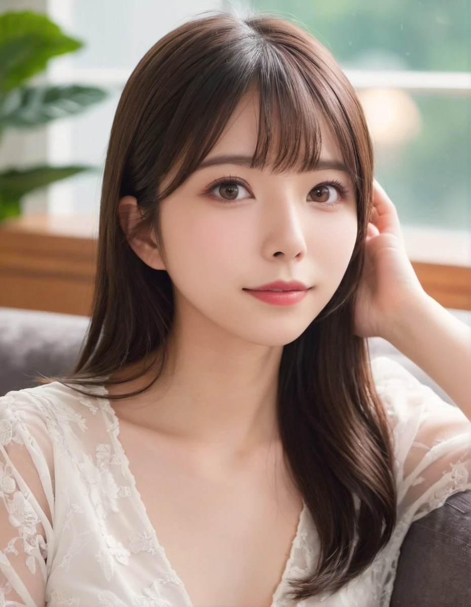 Aiuehara, (relax posing on couch), (natural lighting), (portrait ...