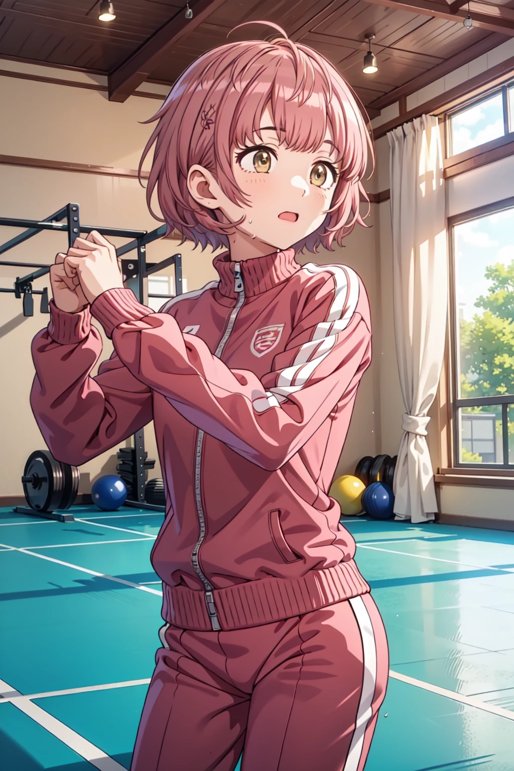 H_ikuta, 1girl, short hair, pink hair, brown hair, yellow eyes - SeaArt AI