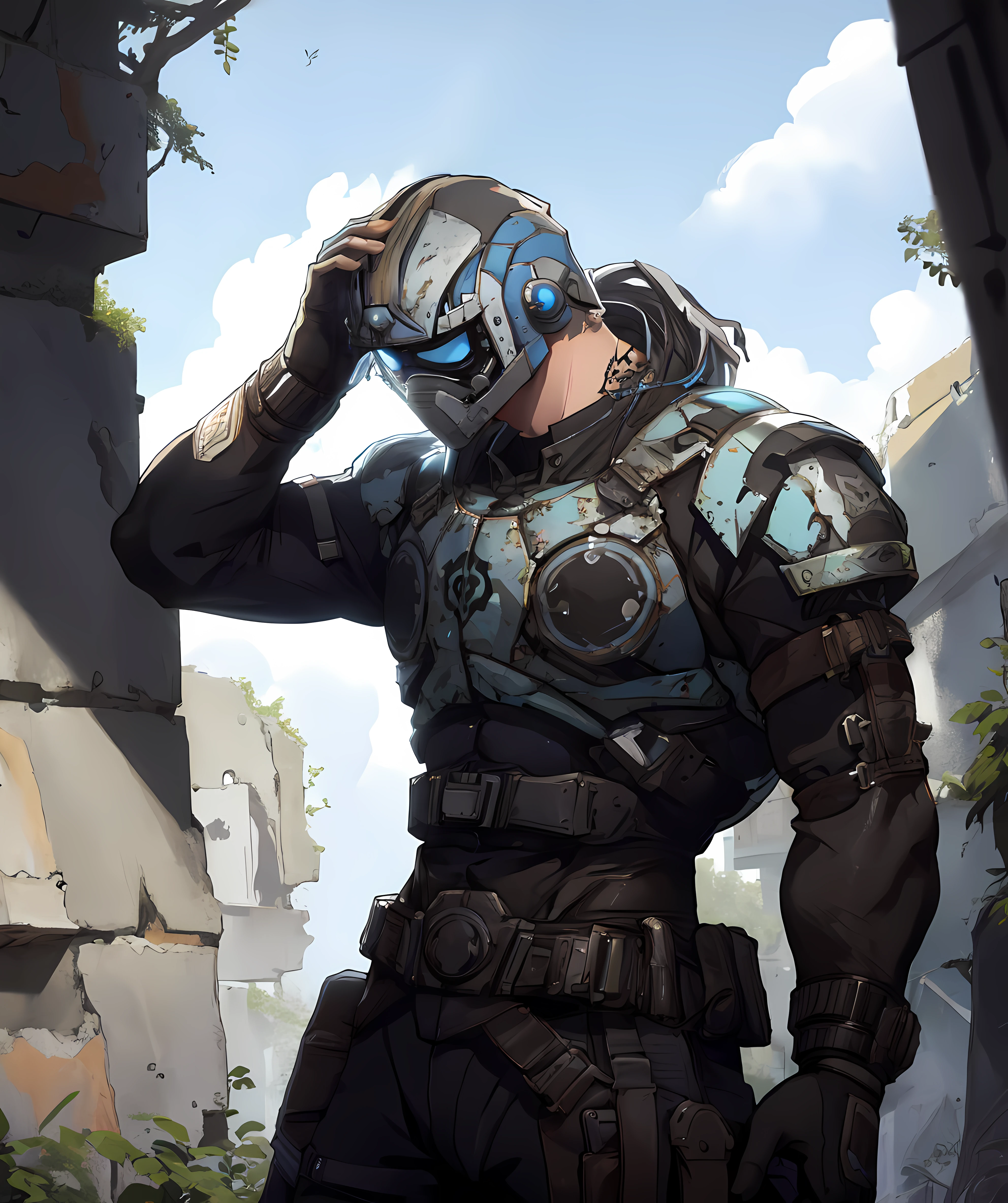1male, 1man, 1boy, male focus, helmet, anthony_carmine, ruins - SeaArt AI